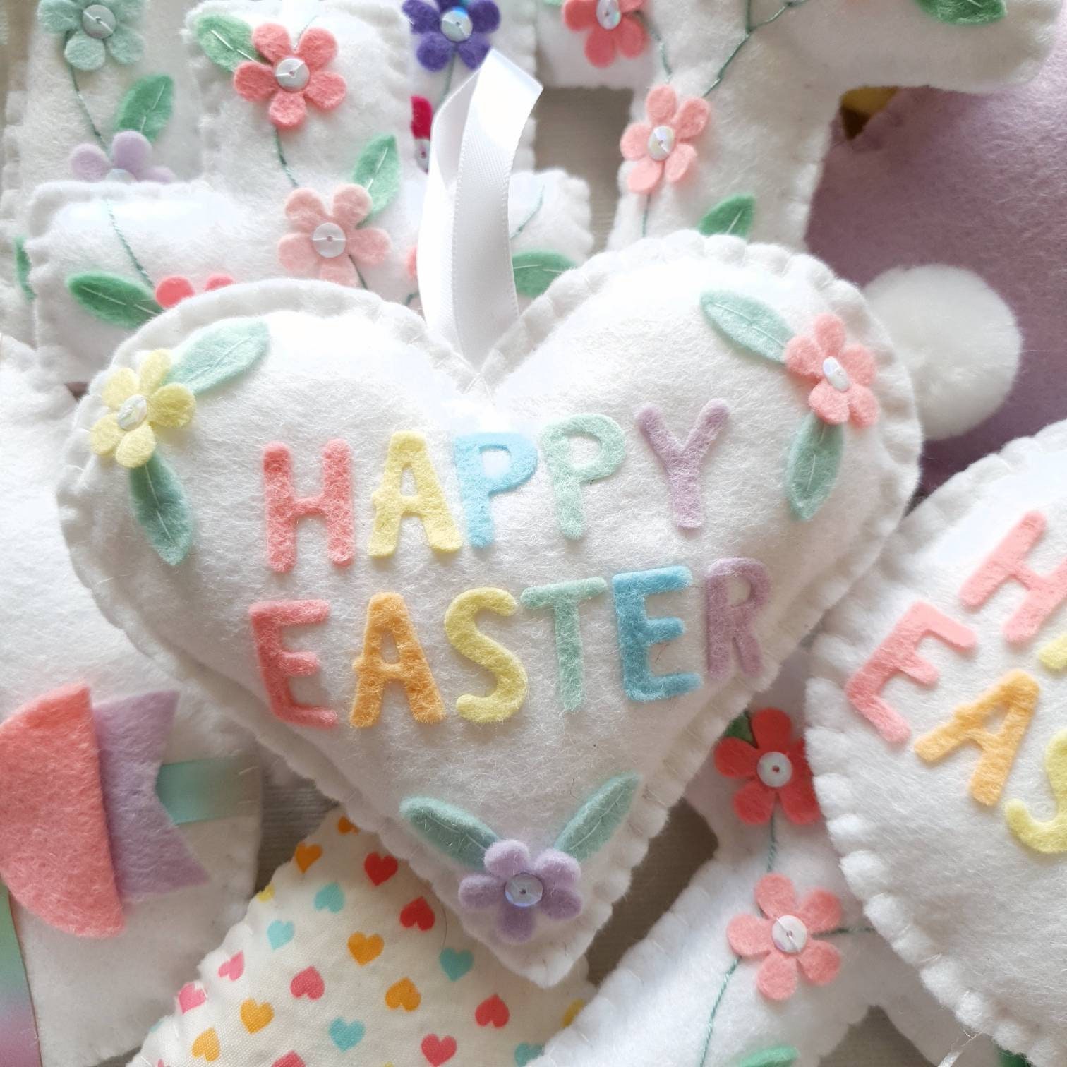 Happy Easter Hanging Heart or Egg in White With Pastel Rainbow ...
