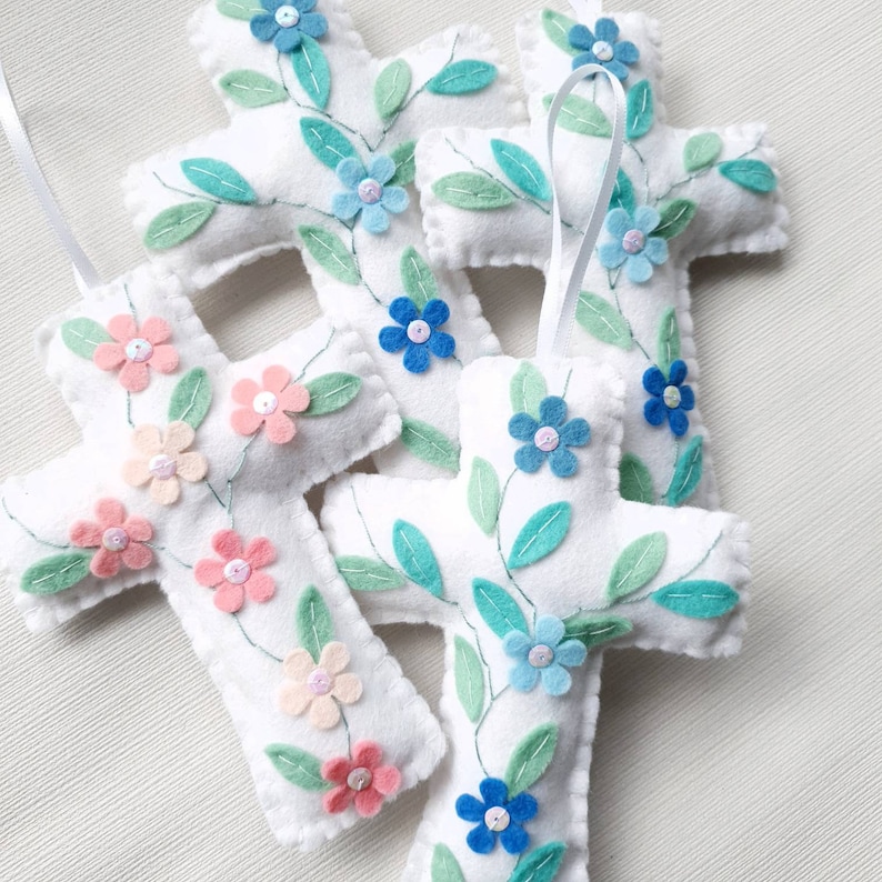 Flower Cross. White Felt Cross With Embroidered Vines and Flowers for ...
