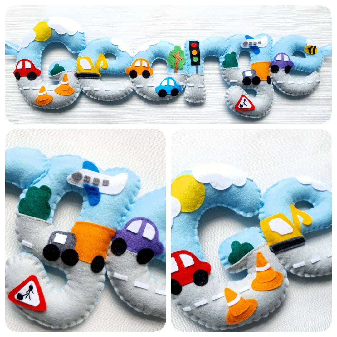 Felt Name Banner. Transport Vehicles Hot Air Ballon Plane Digger Car ...