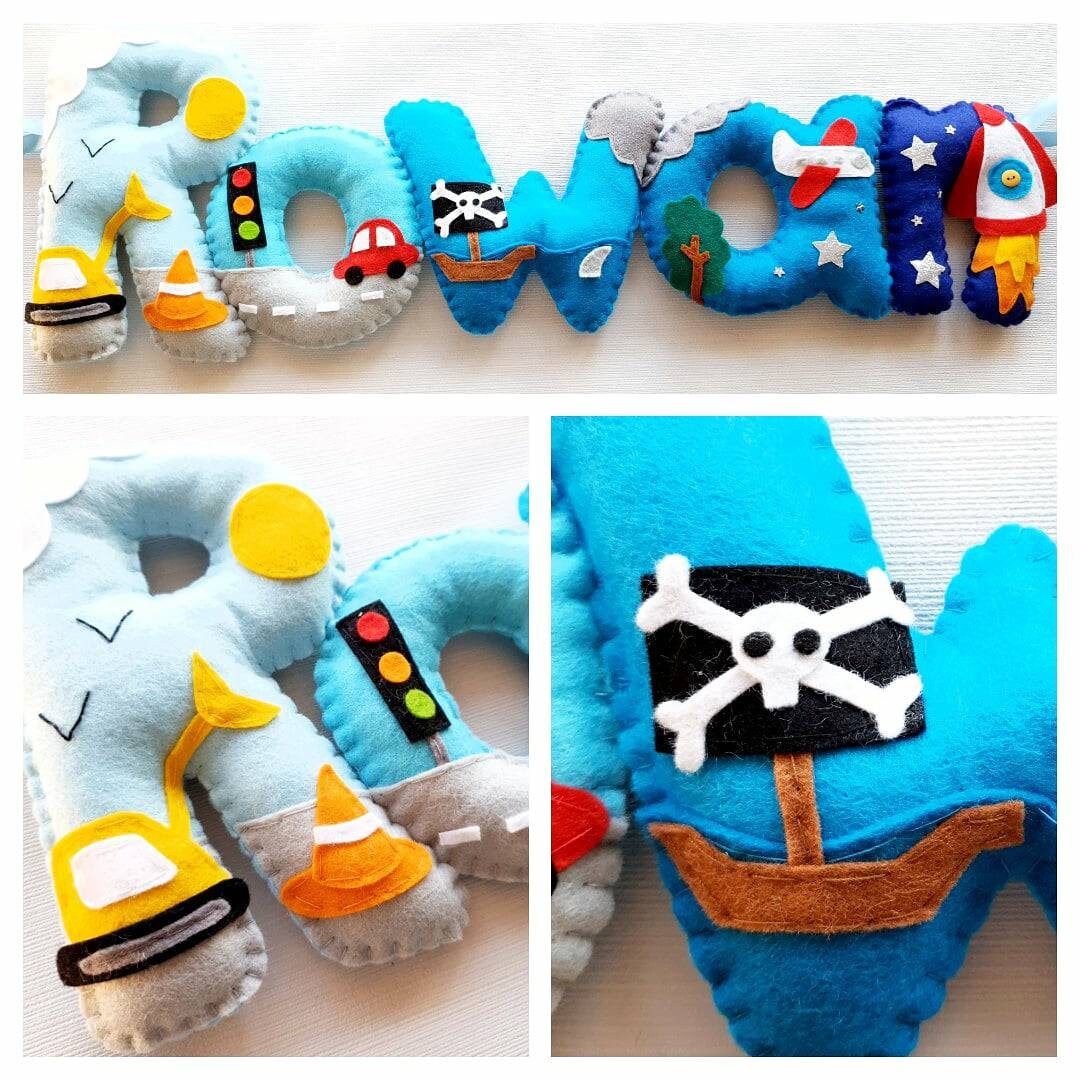 Felt Name Banner. Transport Vehicles Hot Air Ballon Plane Digger Car ...