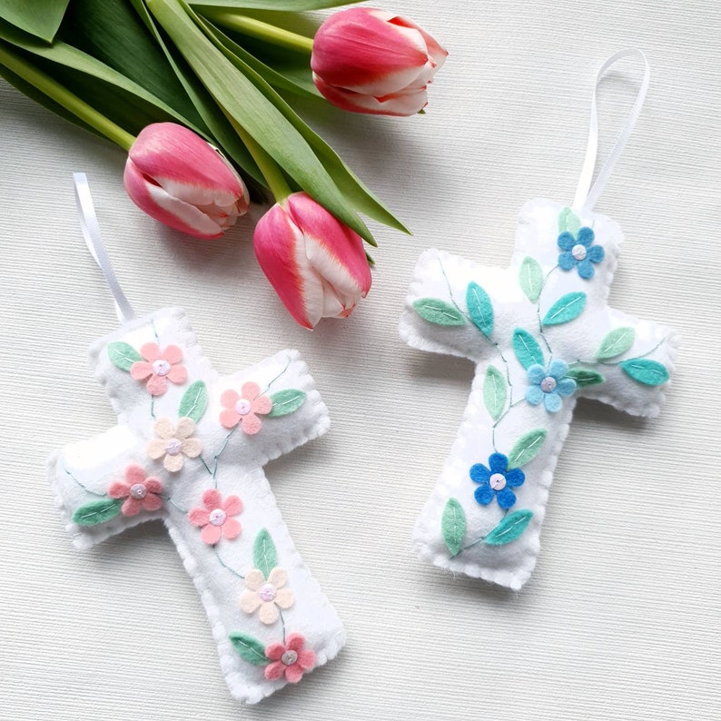 Flower Cross. White Felt Cross With Embroidered Vines and Flowers for ...