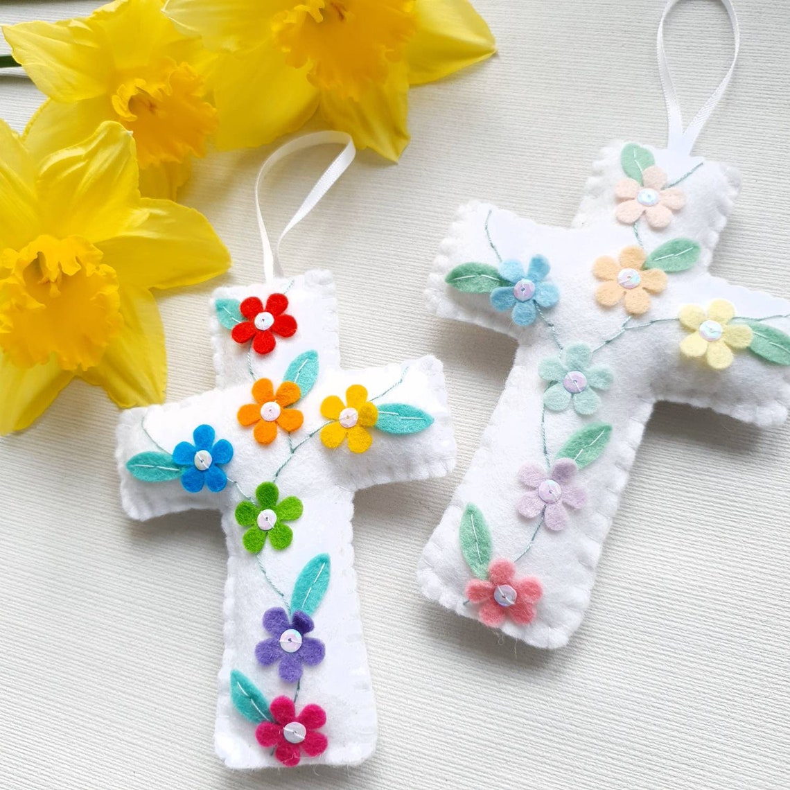 Rainbow Flower Cross. White Felt Cross With Embroidered Vines and ...