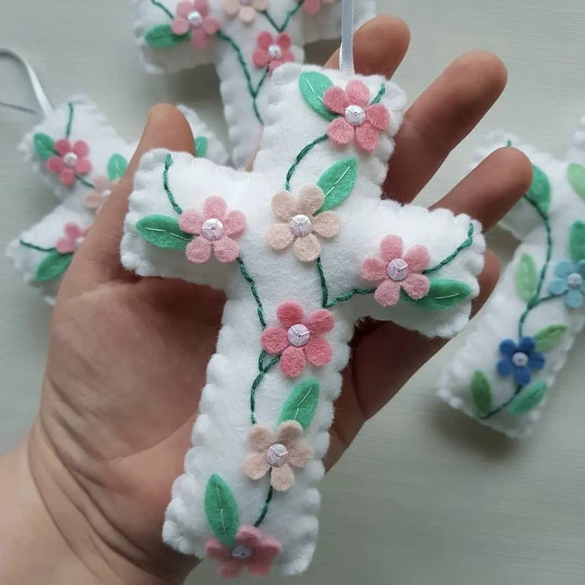 Flower Cross. White Felt Cross With Embroidered Vines and | Etsy