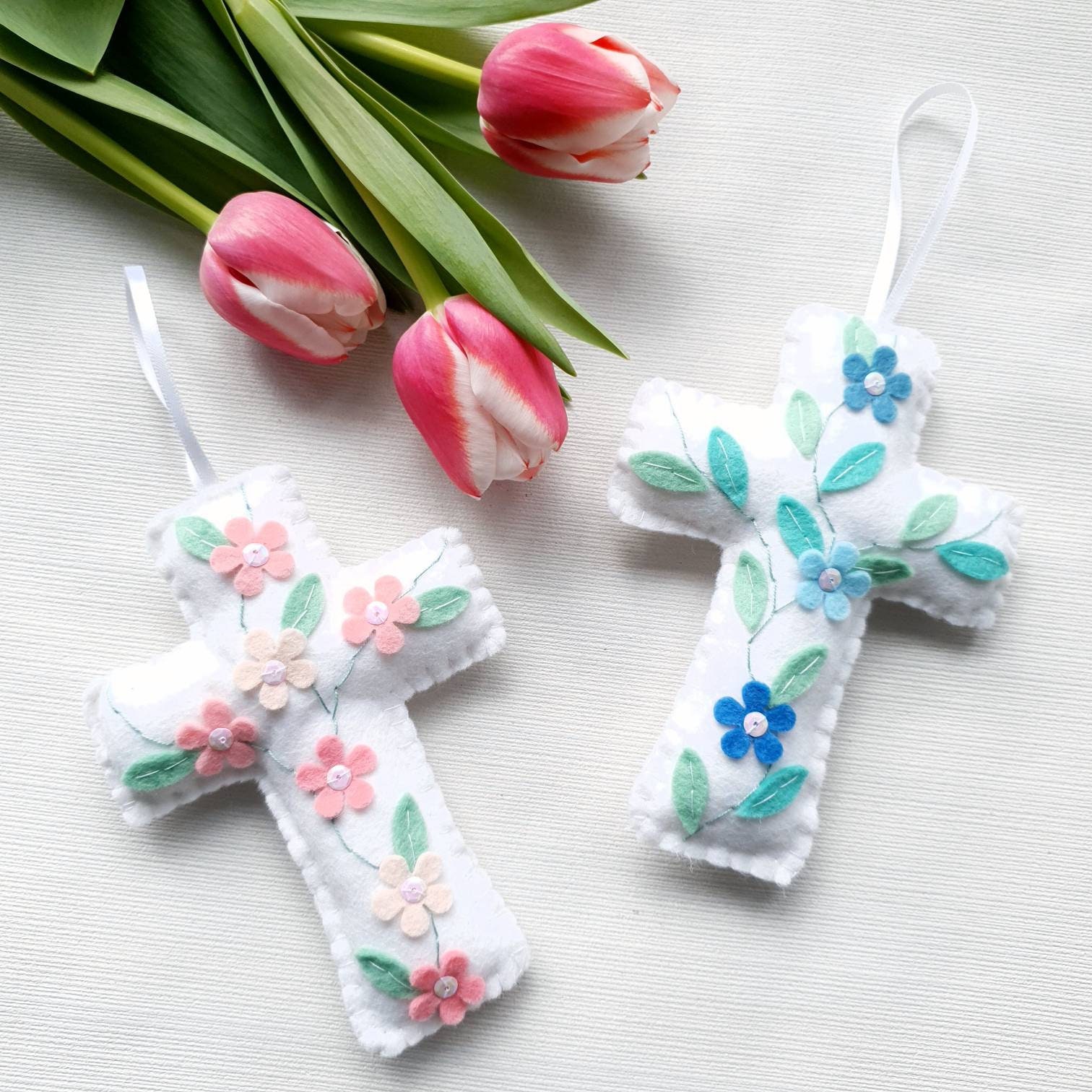 Flower Cross. White Felt Cross With Embroidered Vines and | Etsy