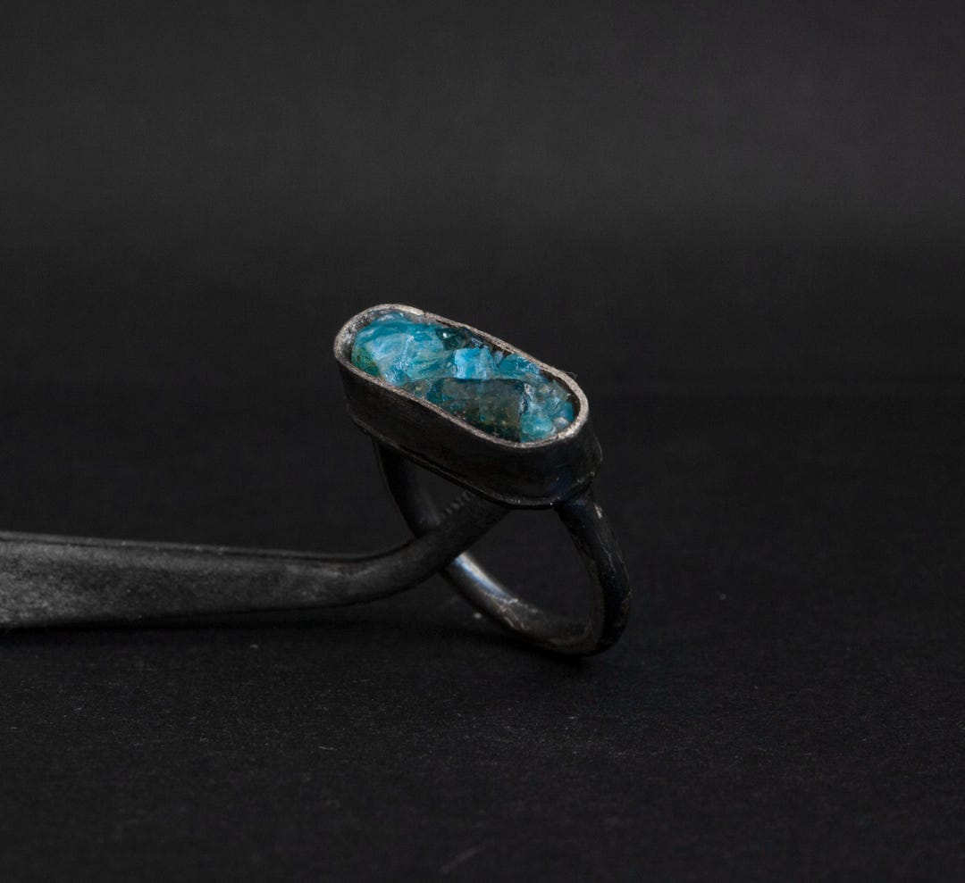 Raw Silver Ring Apatite Blue Stone Ring Brutalist Ring Raw Stone ...