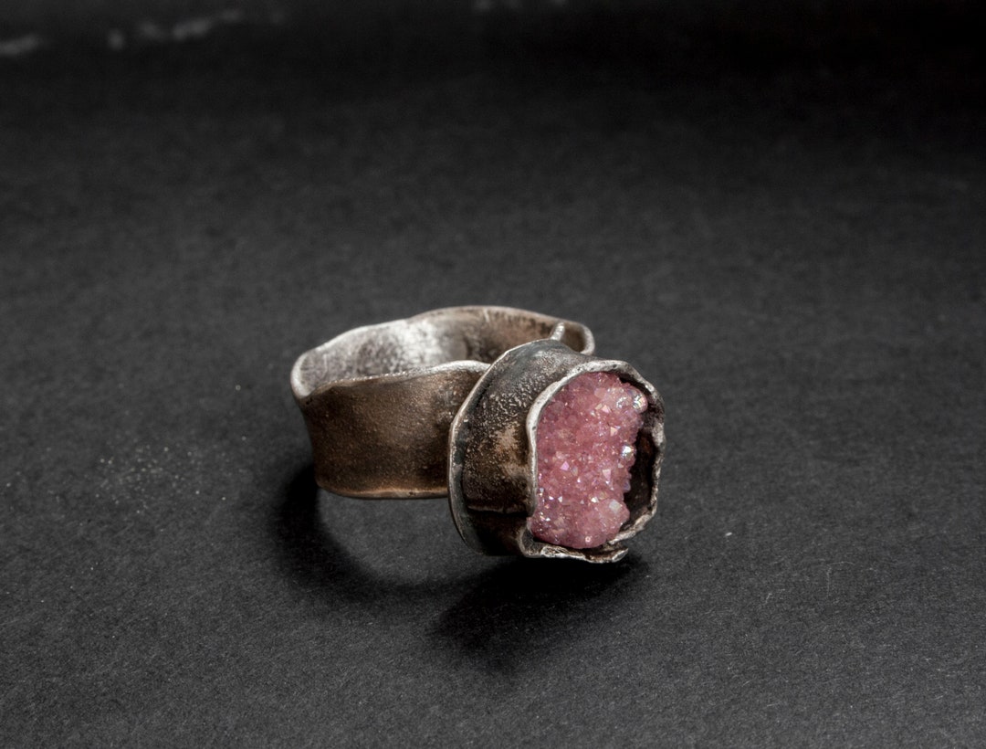 Oxidized Silver Druzy Ring: Raw Quartz, Adjustable Band - Etsy