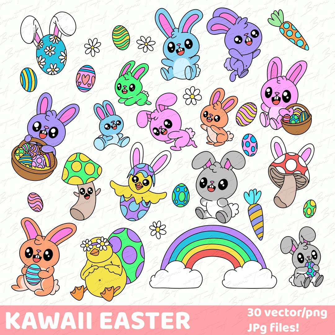 30 Cute Kawaii Easter Clipart Set – Animal Easter Png Spring Clipart ...