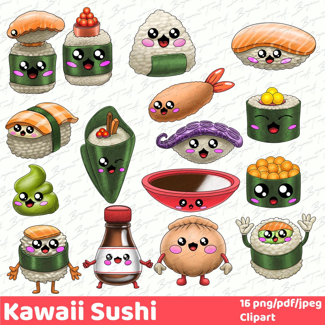 16 Kawaii Sushi Clipart – Cute Digital Food Stickers – PNG PDF JPEG ...