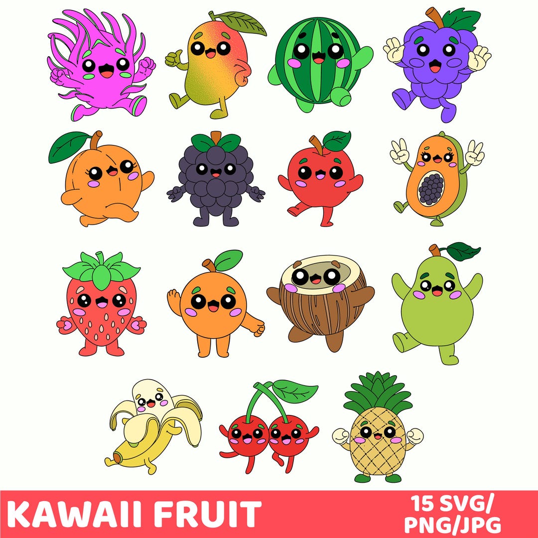 Cute Kawaii Fruit Clipart- Full Commercial Rights / JPEG / SVG / PNG ...