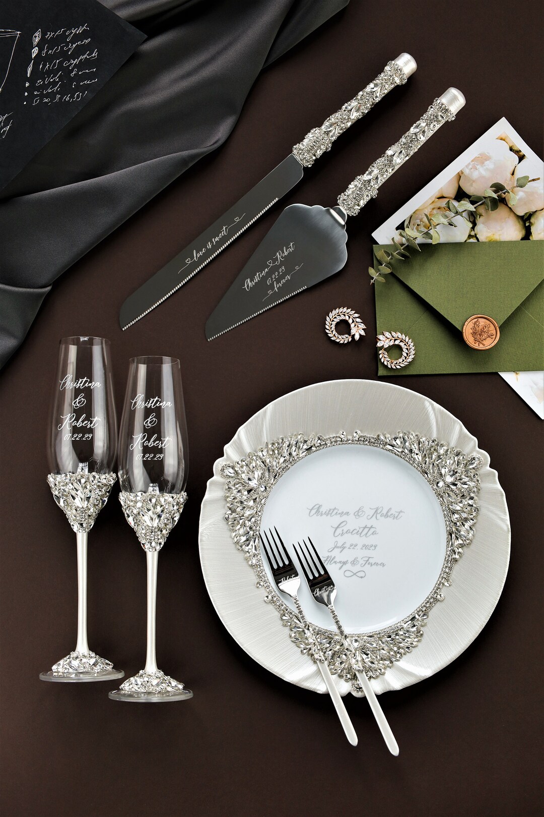 White Wedding Toasting Glasses and Cake Cutting Set, White Champagne ...