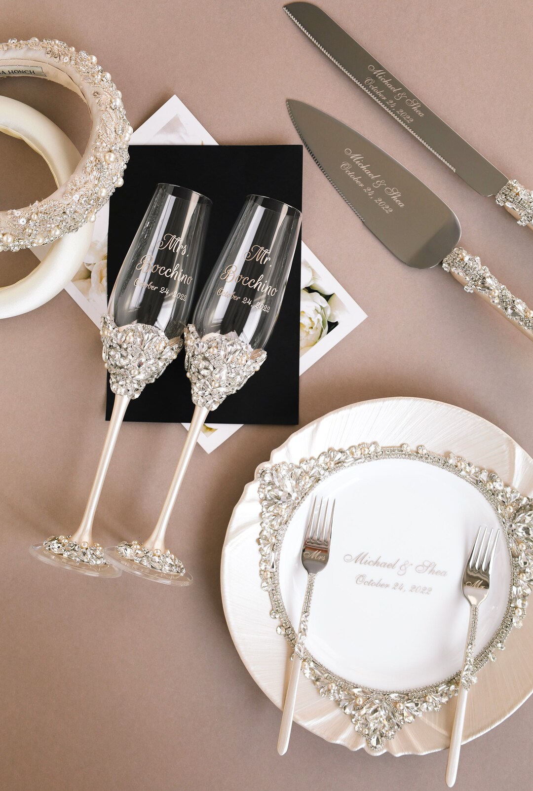 Engraved Champagne Flutes Ans Cake Cutter Set Plate and Forks Chamapgne ...