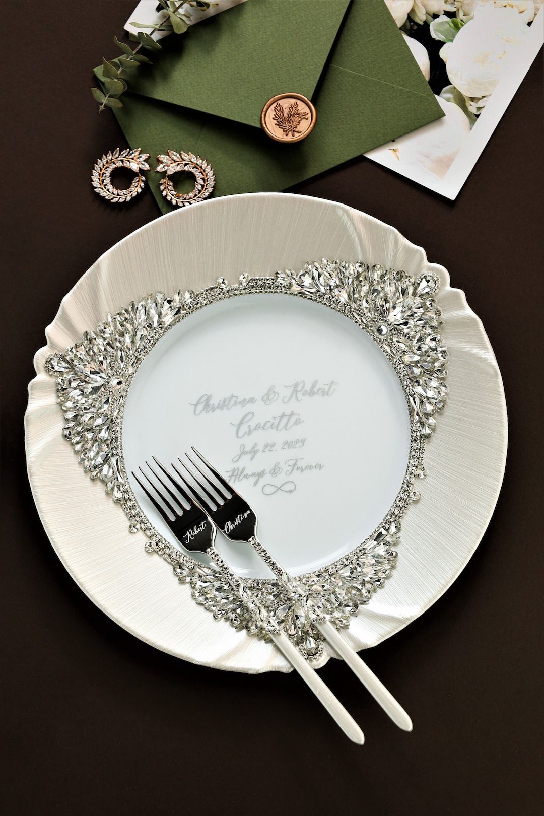 Personalized White Wedding Plate and Forks, Engraved Cake Dish and ...