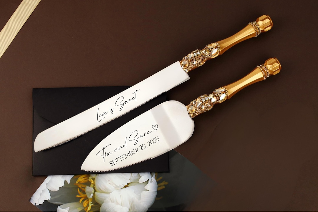 Engraved Cake Cutting Set for Bride and Groom Personalized Cake Server ...