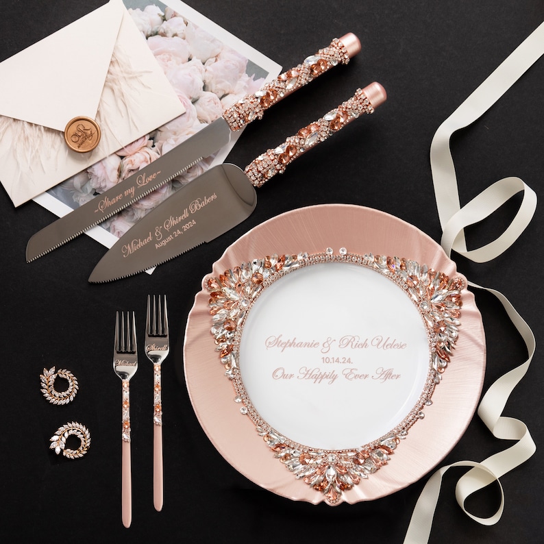 ROSE GOLD Wedding Glasses and Cake Server Set , Bride and Groom Wedding ...