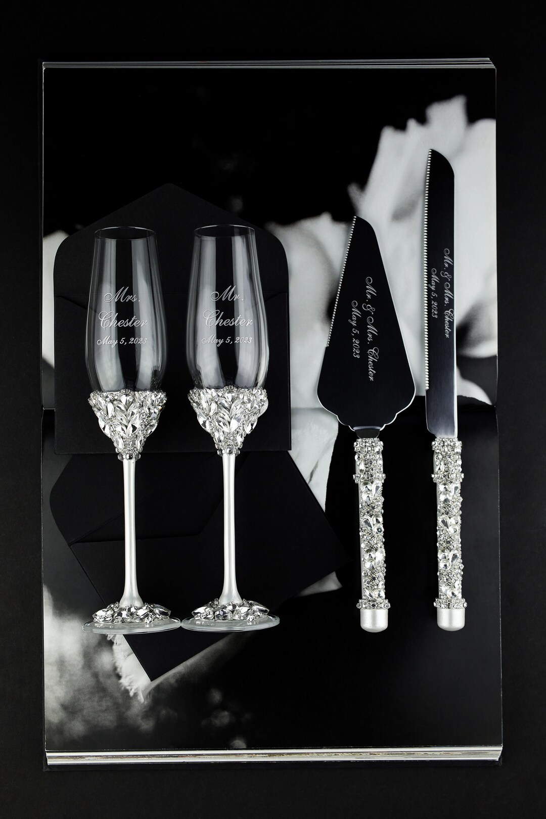 White Wedding Toasting Glasses and Cake Cutting Set, White Champagne ...