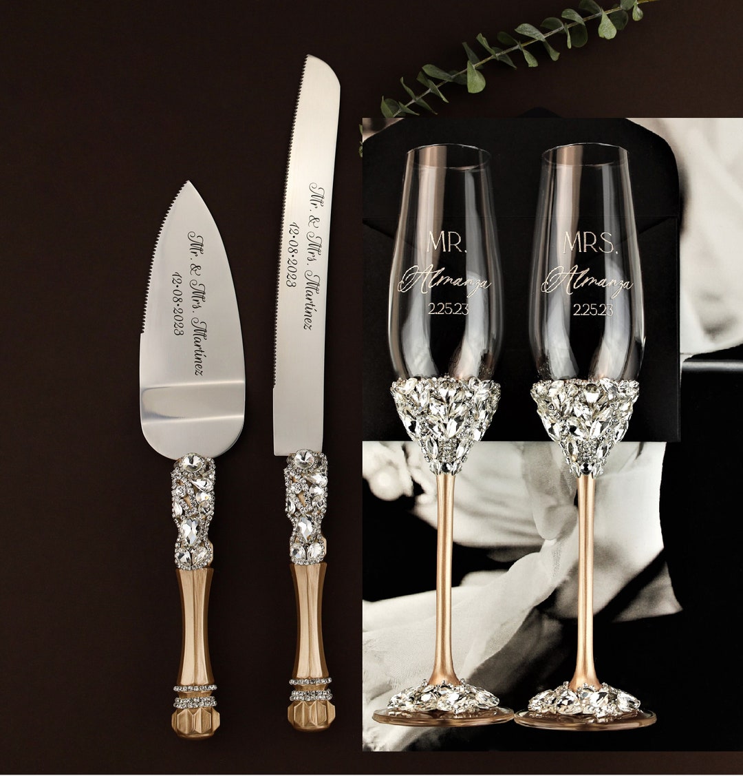 Wedding Champagne Flutes and Cake Server Set, Wedding Anniversary Gift ...