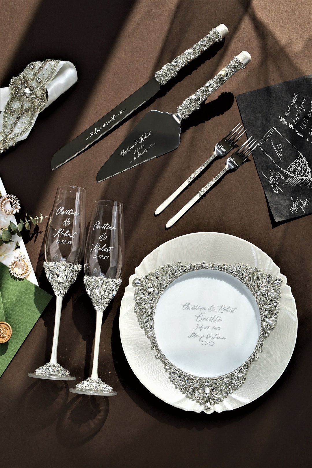 White Wedding Toasting Glasses and Cake Cutting Set, White Champagne ...