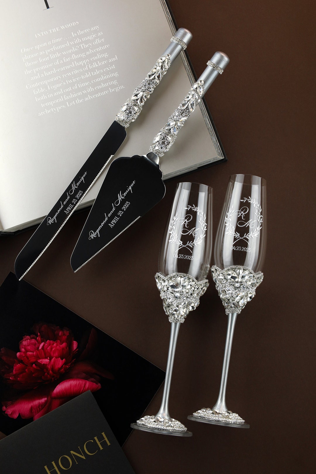 Personalized Wedding Silver Flutes and Cake Cutting Set, Wedding Shower ...