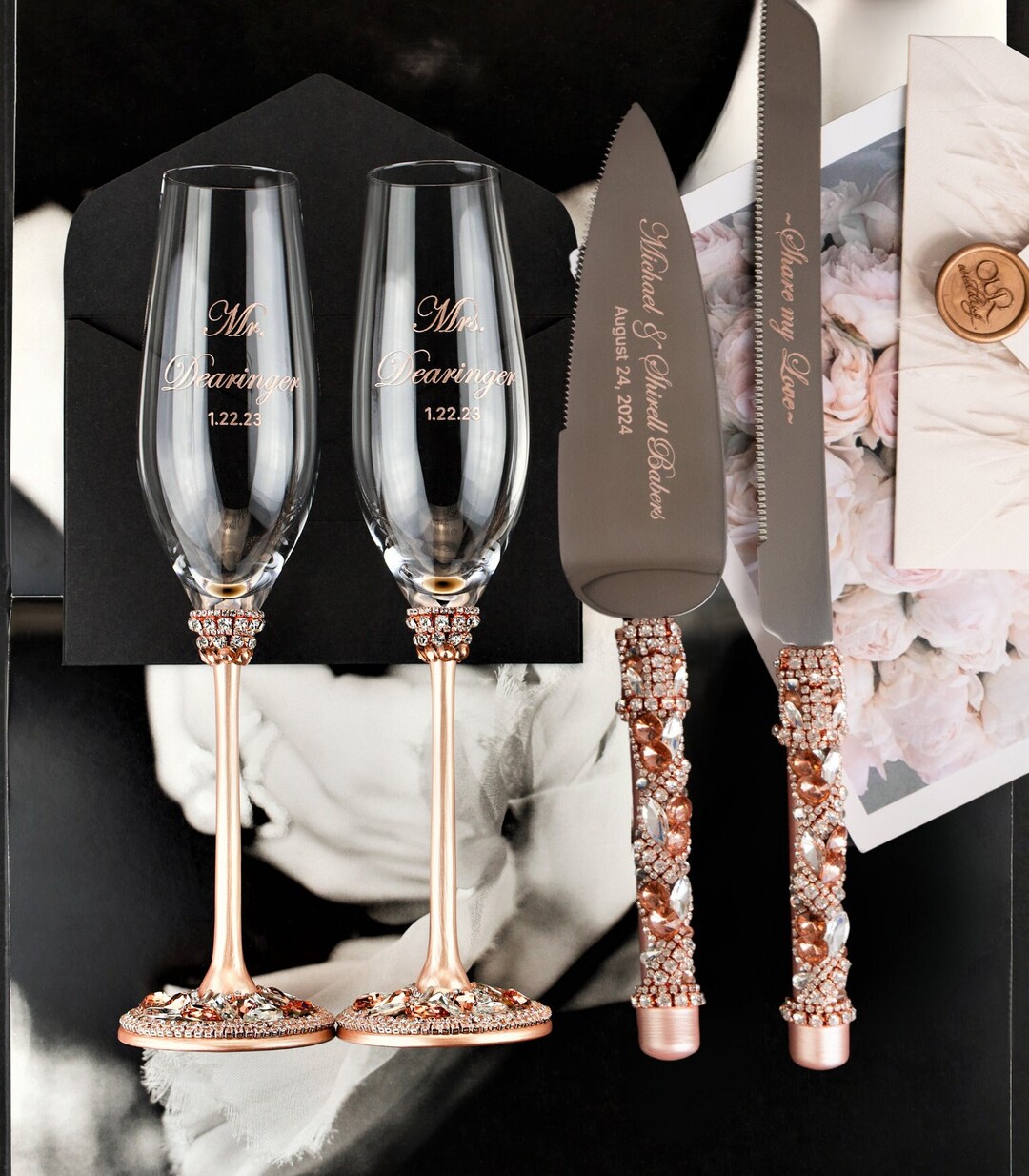 Rose Gold Wedding Toasting Glasses for Bride and Groom Cake Cutting Set ...