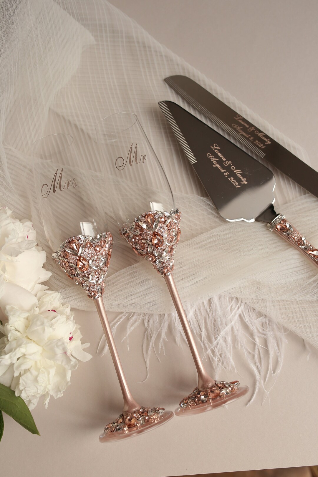 ROSE GOLD Wedding Glasses and Cake Server Set Bride and - Etsy