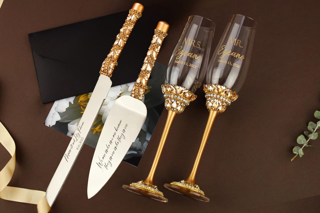 Gold Wedding Toasting Glasses and Cake Server Set Wedding Cake Knife ...