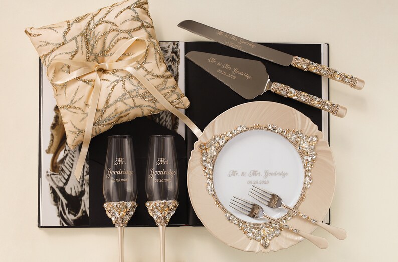 Wedding Glasses Cake Server Set Plate and Forks Bearer Ring - Etsy