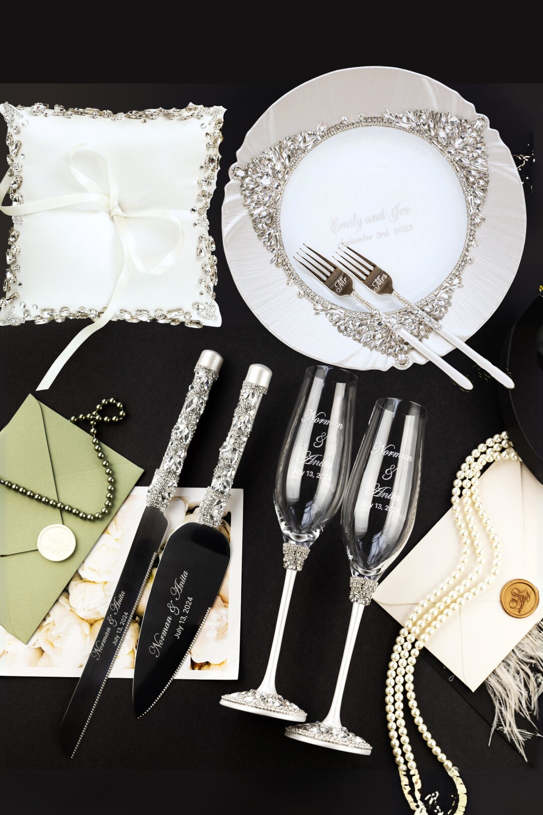 White Wedding Toasting Glasses and Cake Cutting Set, White Champagne ...