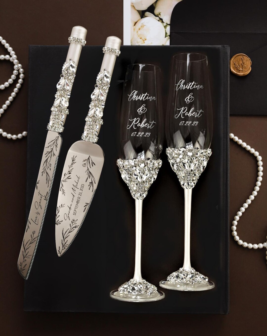 White Wedding Toasting Glasses and Cake Cutting Set, White Champagne ...