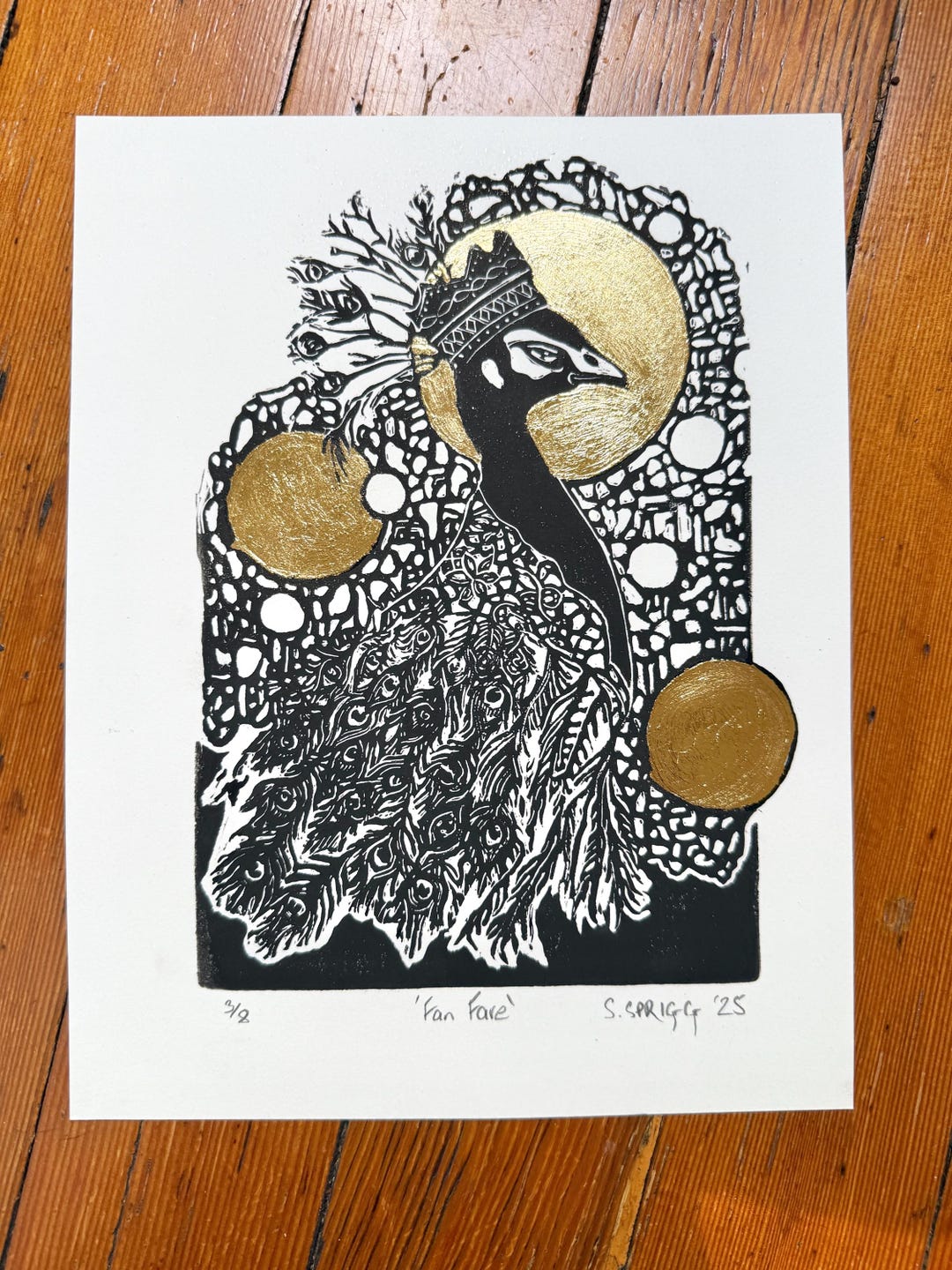 Original Peacock Linocut Print With Gold Leaf. Lino Print 8.5 X 11 ...