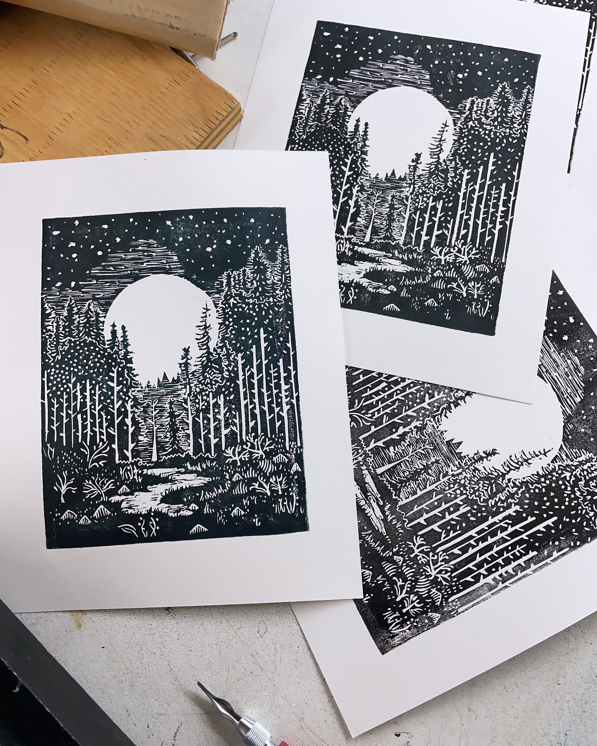 Moon Poster Linocut. Lino Print 8.5 X 11. Full Moon in a Forest in ...