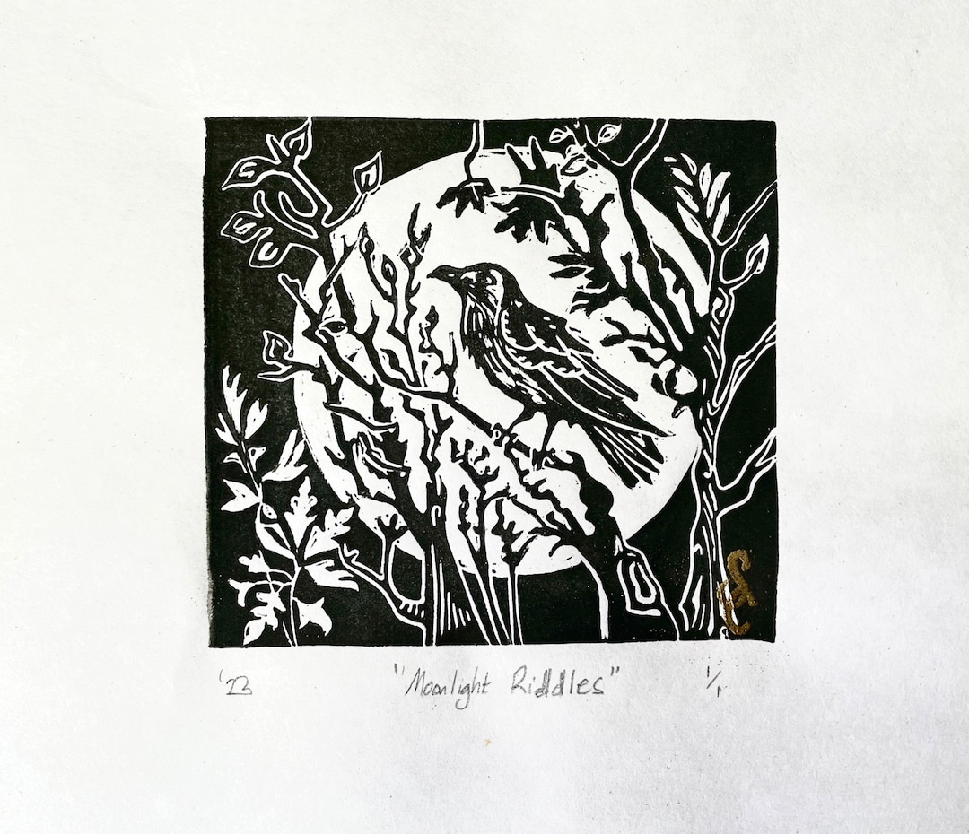 Original Linocut Print - Raven Artwork - “moonlight Riddles ...