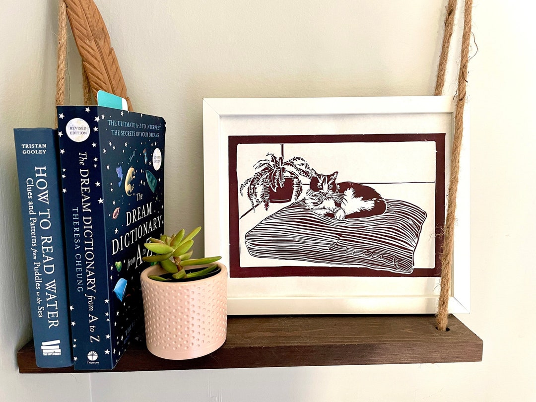 Original Linocut Animal Print - Cozy Cat Wall Art - Cat Print Wall ...
