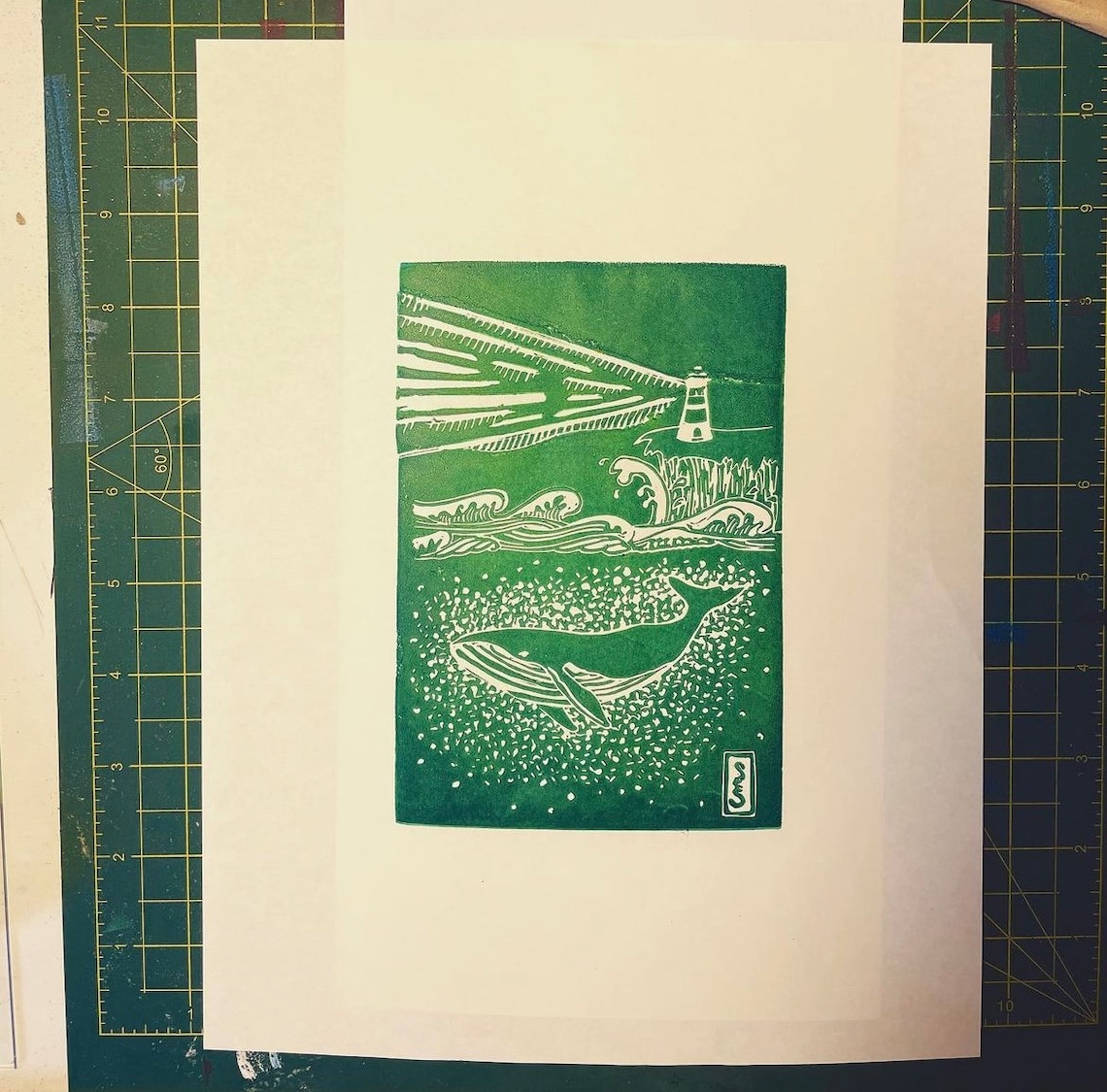 Linocut of a Humpback Whale and a Lighthouse - Peaceful Ocean Themed ...