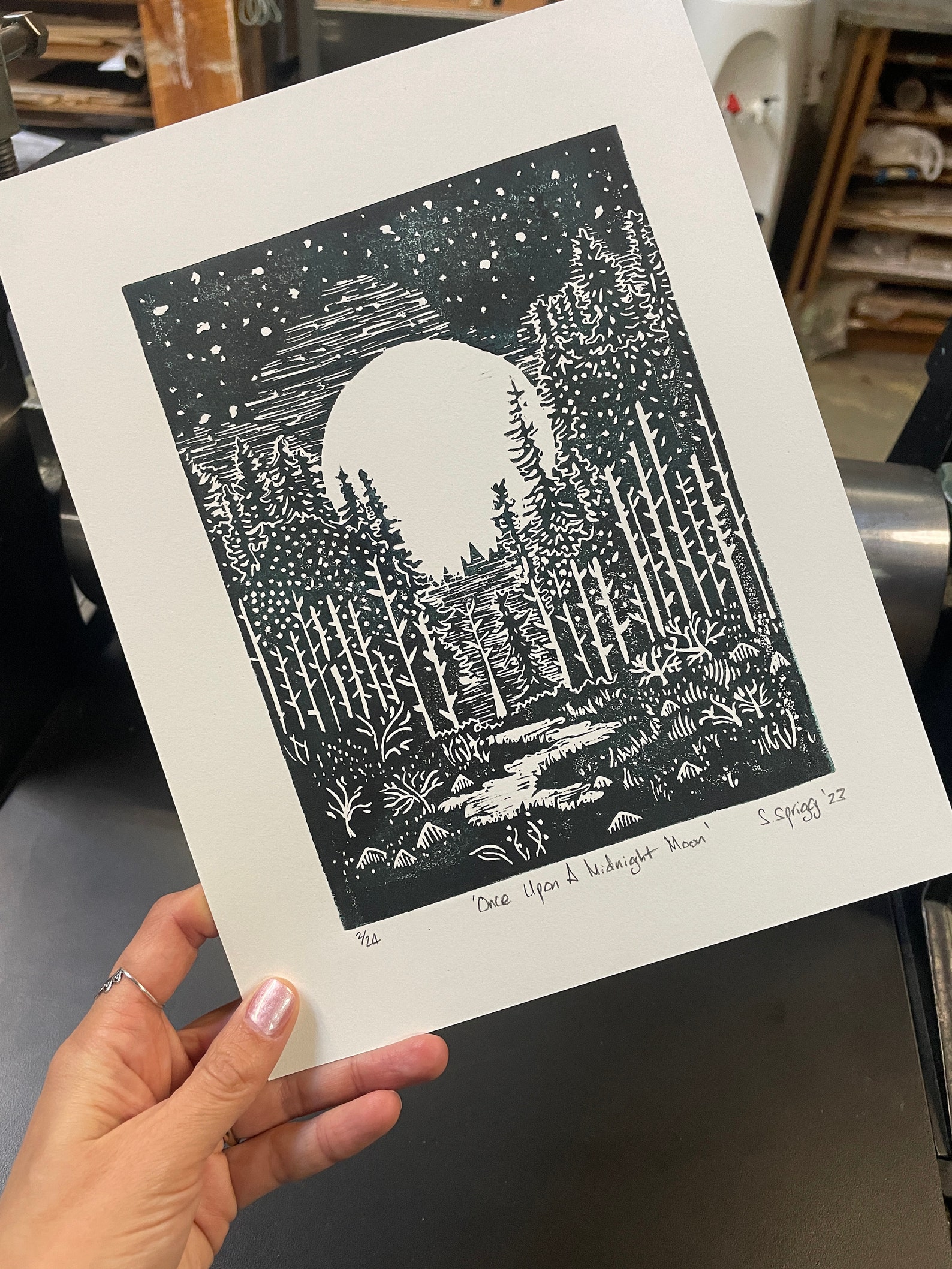 Moon Poster Linocut. Lino Print 8.5 X 11. Full Moon in a Forest in ...