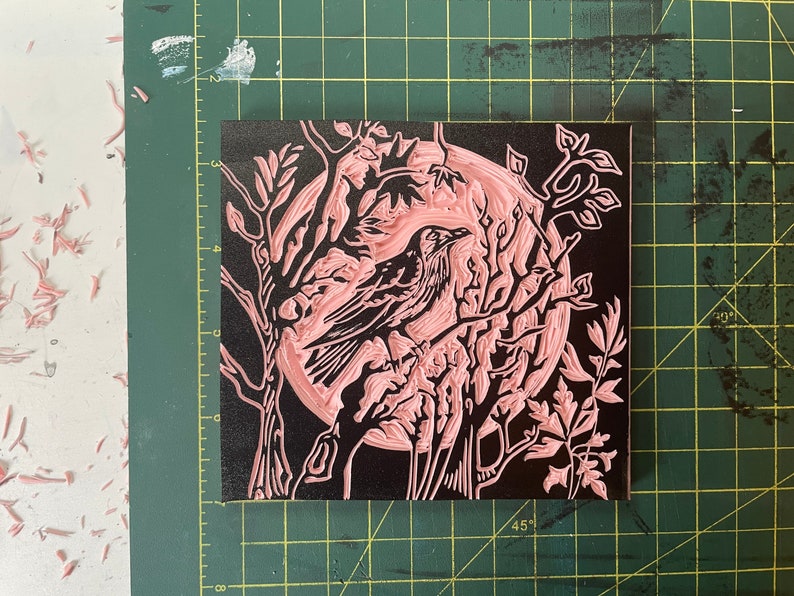 Crow Moon Linocut Print – Handprinted Bird Art (5x5) - Etsy