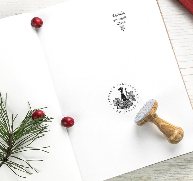 Book Stamp Cat, Black Cat Sitting Stack of Books, Library Stamp, Ex ...