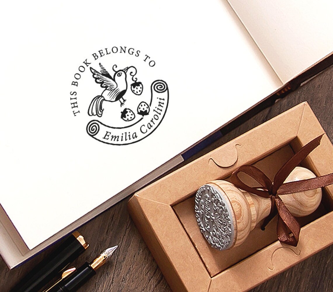 Bird Strawberry Personal Stamp Bookplate Packed Unique Crafted - Etsy
