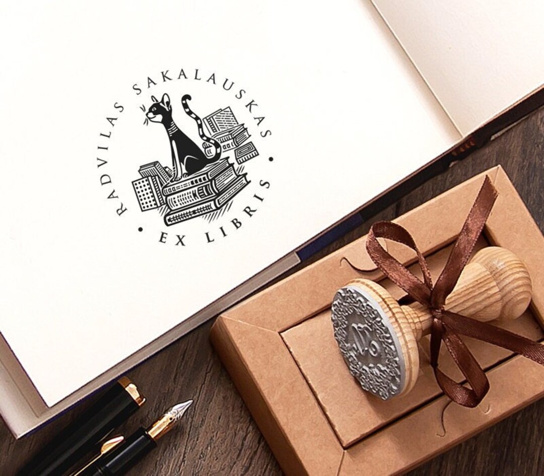 Book Stamp Cat, Black Cat Sitting Stack of Books, Library Stamp, Ex ...