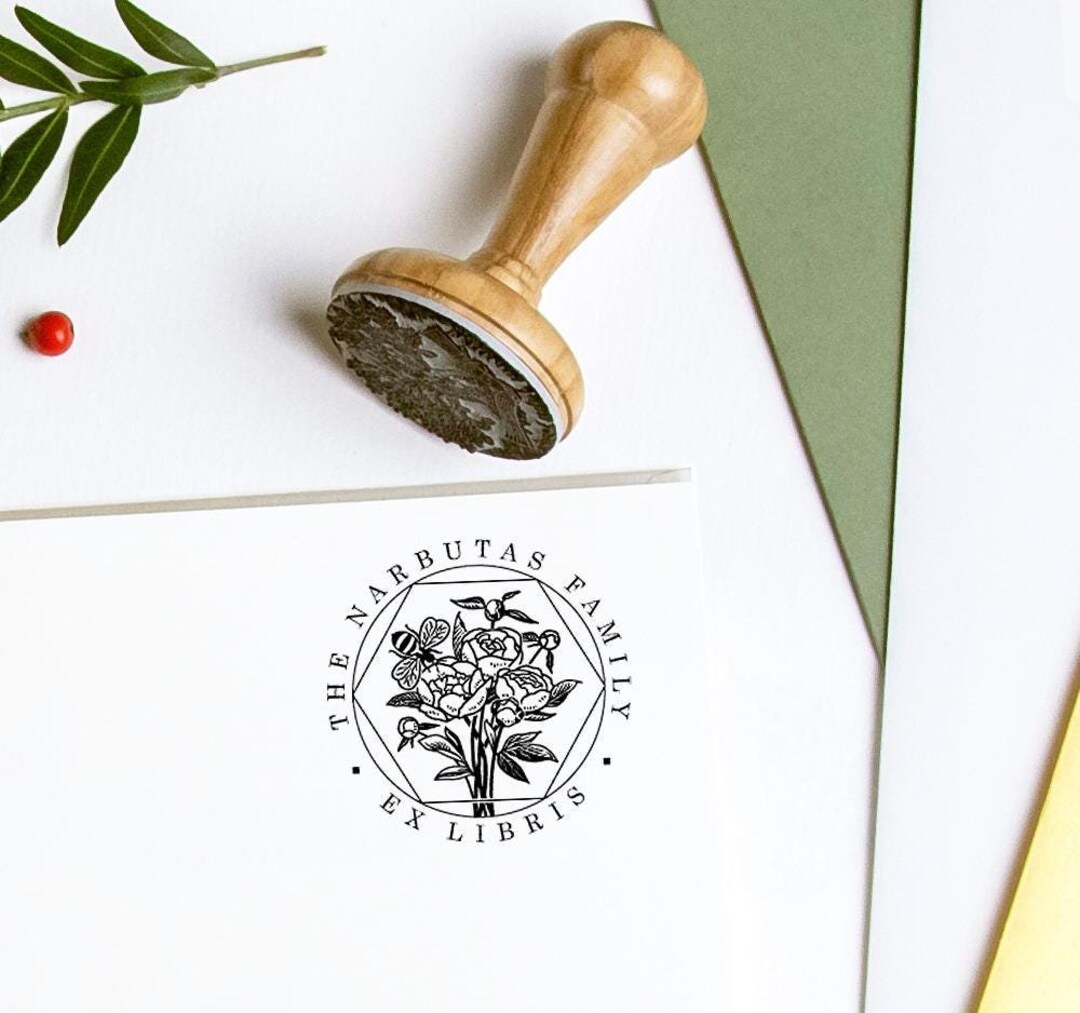Ex Libris Bee, Peony Flowers, Book Stamp Personalized, Handmade Art ...
