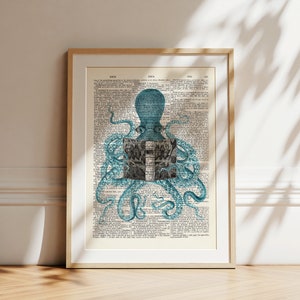 Octopus Reading, Octopus Print, Dictionary Print, Vintage Book Page ...