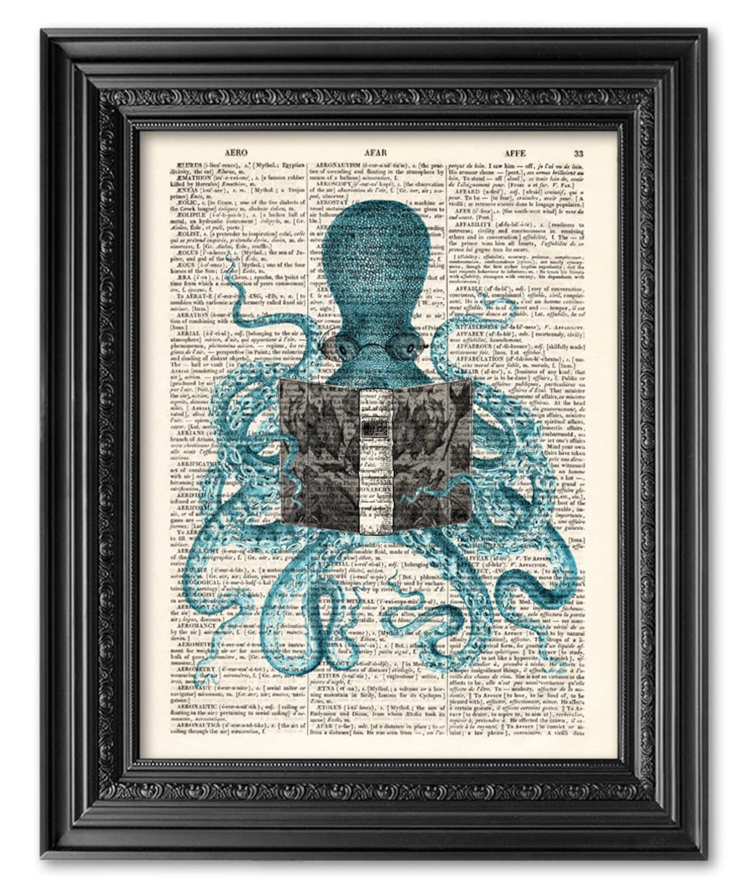 Octopus Reading, Octopus Print, Dictionary Print, Vintage Book Page ...