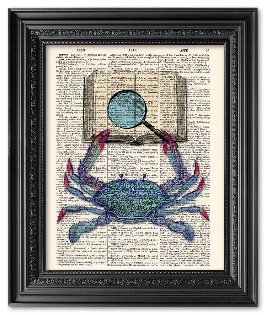 Reading Crab Print, Dictionary Art Print, Vintage Book Art Print ...