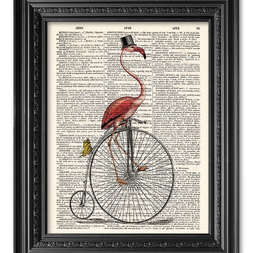 Flamingo Ride Bicycle Top Hat Bird Art Print funny Wall - Etsy