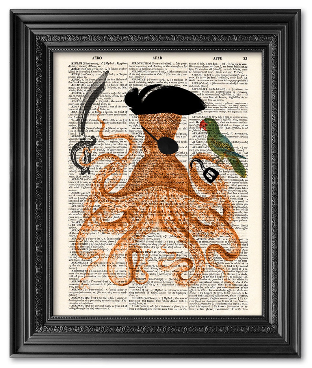 Pirate Octopus, Dictionary Art Print, Octopus Print, Bathroom Art Print ...