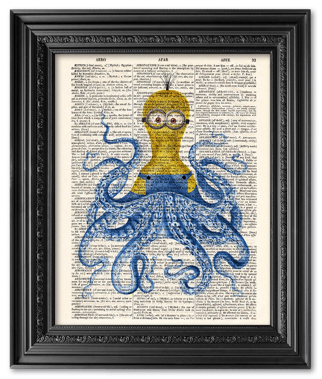 Octopus Inspired by Minions, Dictionary Art Print, Octopus Print, Upcycled Dictionary Page ...