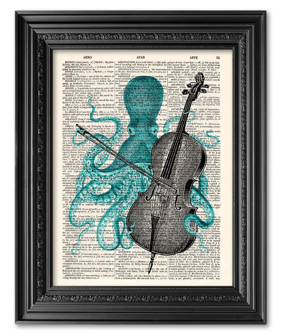 Octopus Playing Cello, Octopus Print, Dictionary Art Print, Vintage ...
