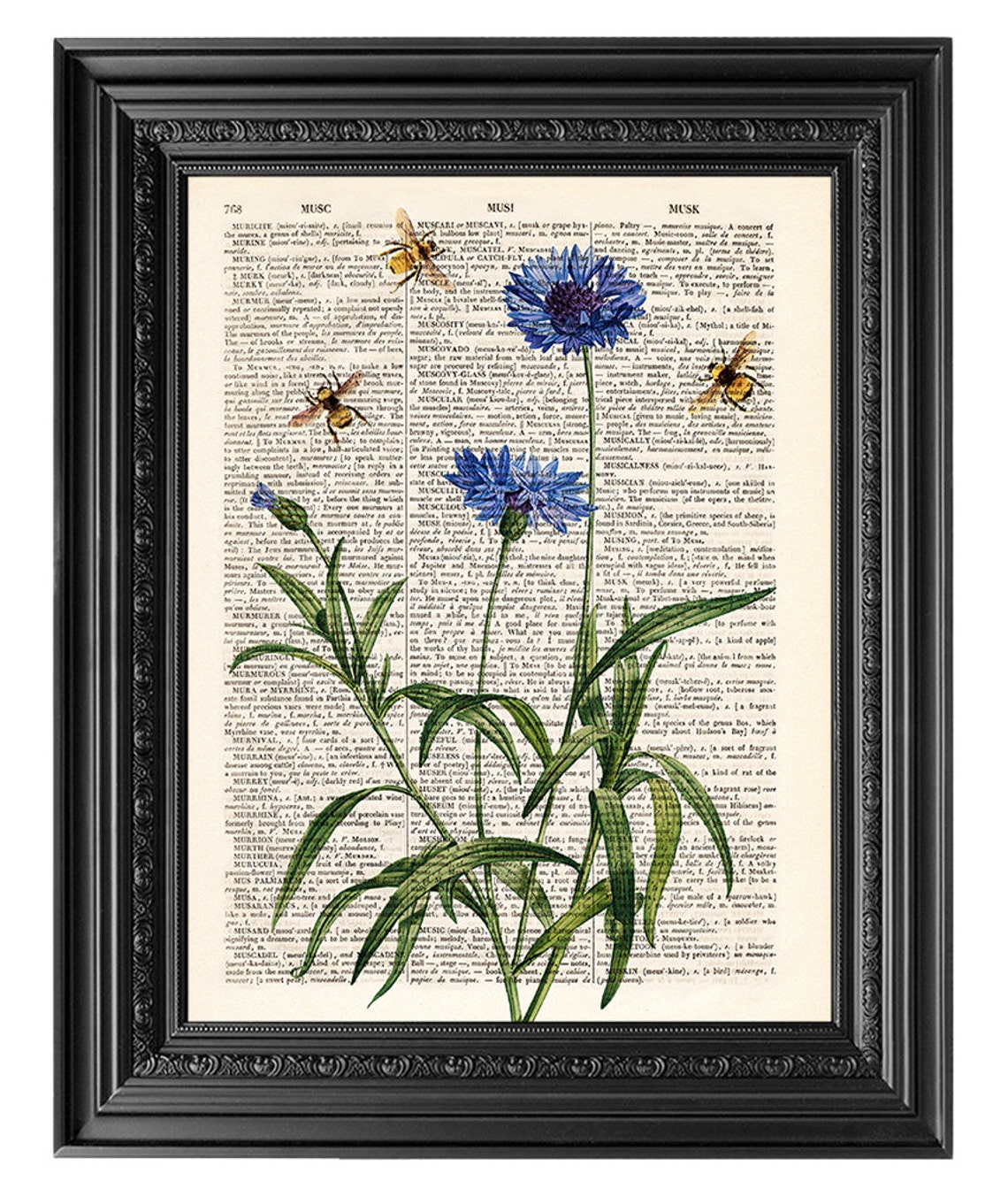 Bees Cornflower Print, Dictionary Art Print, Old Book Pages, Kitchen ...