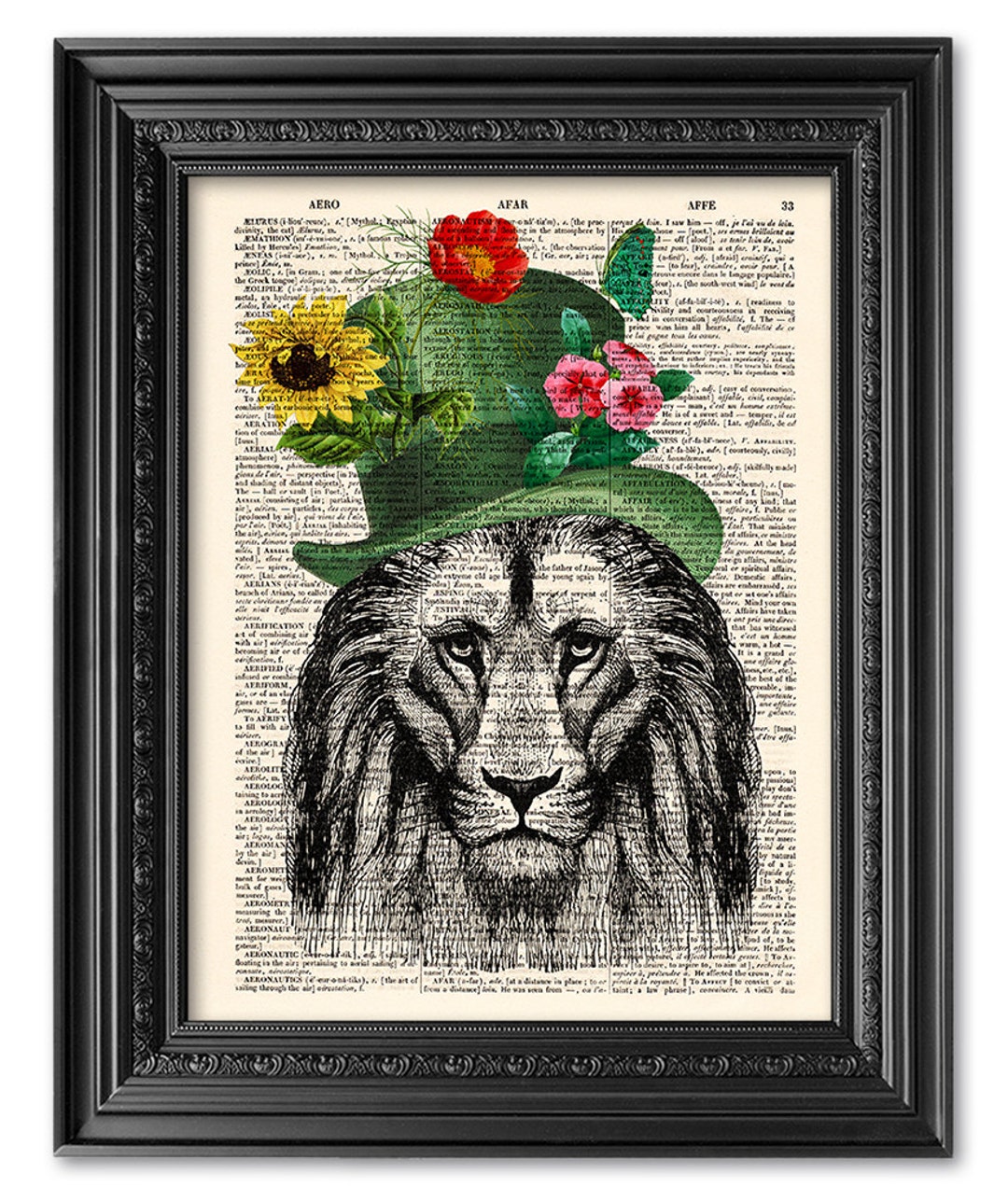 Lion Fun Print, Funny Animal, Lion Silh Hat Poster, Dictionary Art ...
