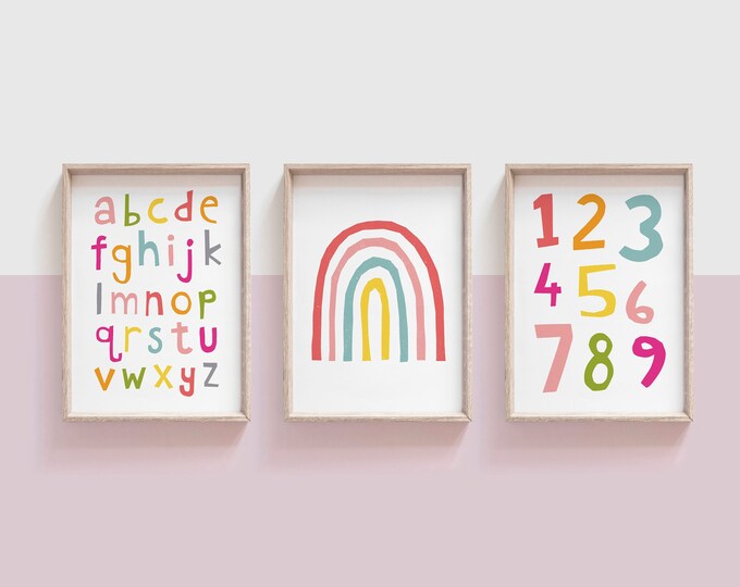 Girls Nursery Wall Art Set of 3, Pink Alphabet Poster, Rainbow Print ...