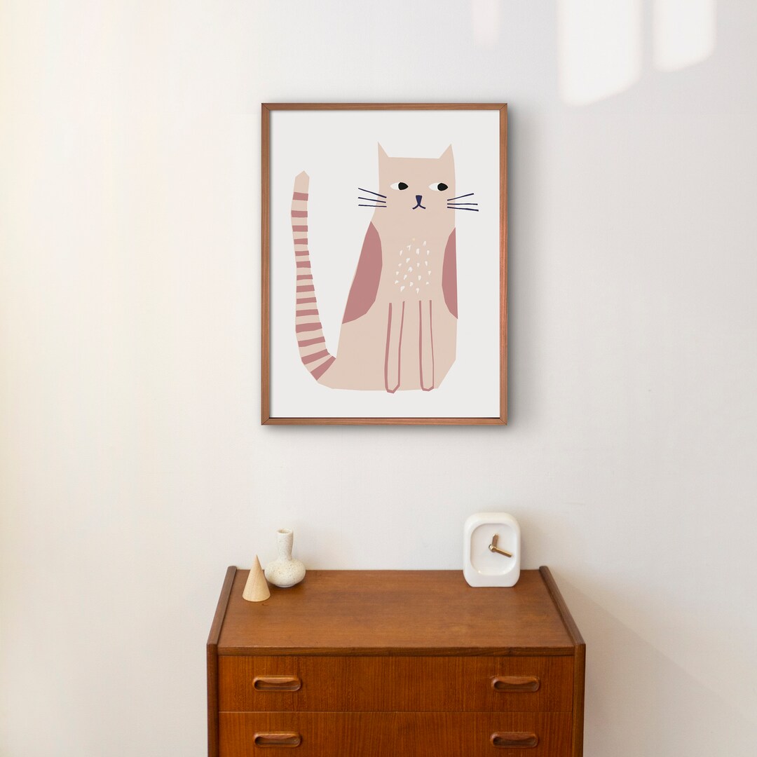 Pink Cat Print, Nursery Art Print, Cute Cat Art, Animal Lover Gift ...